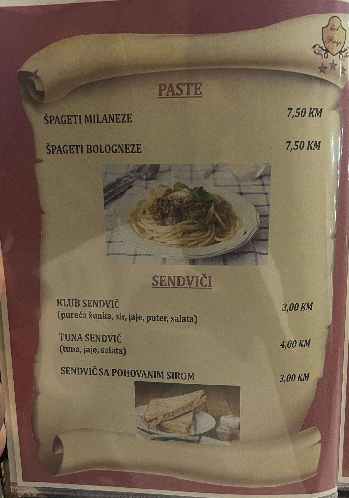 Menu at Esmeralda restaurant, Sarajevo