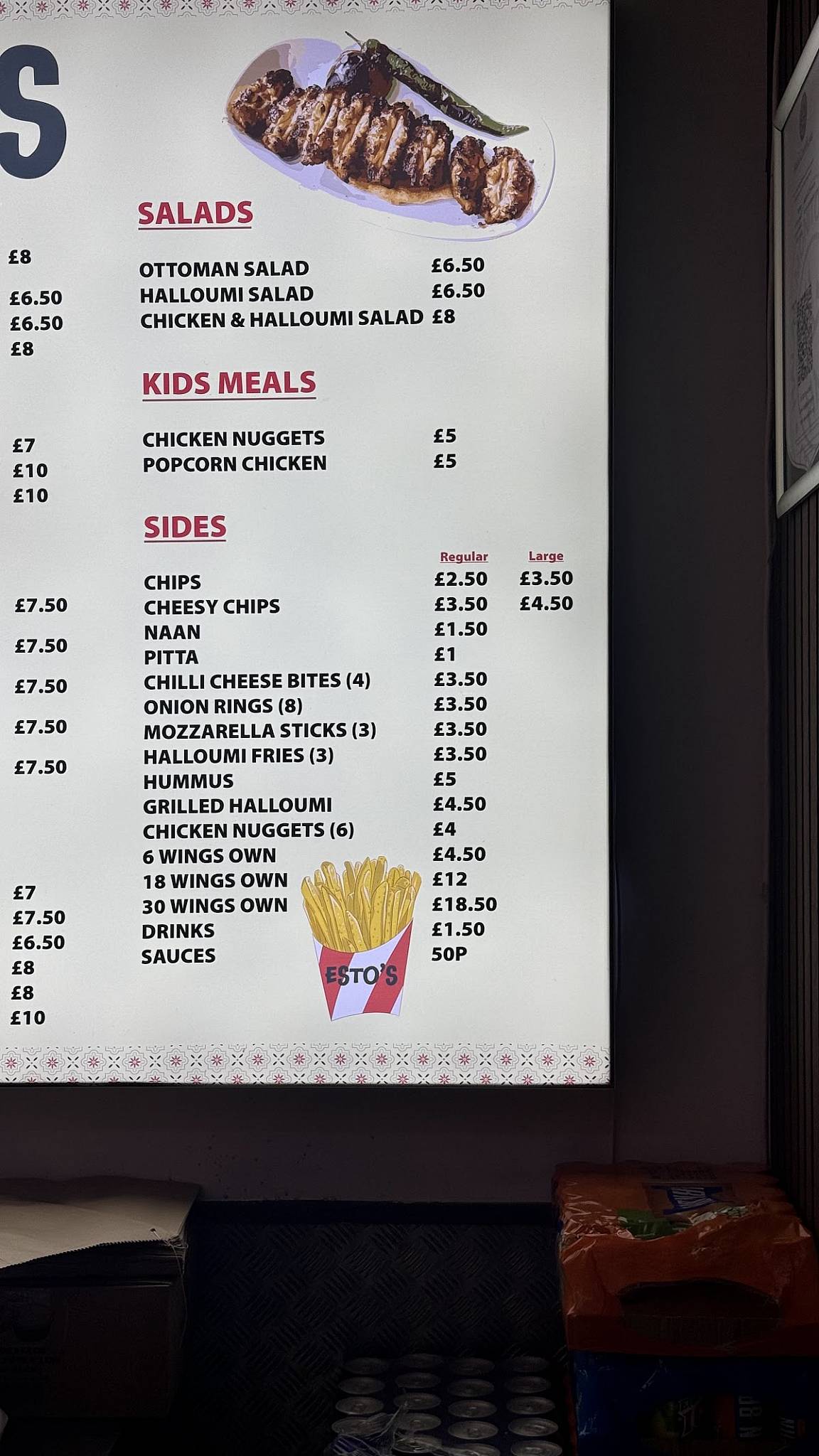 Menu at Esto’s, Heckmondwike