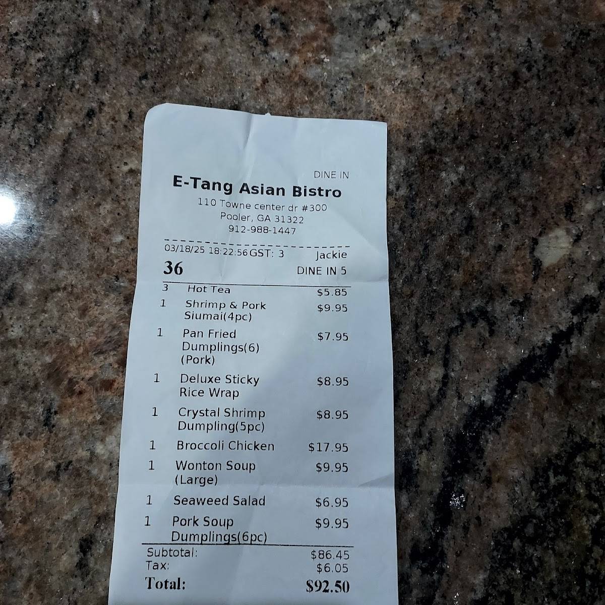 Menu at Etang Asian Bistro restaurant, Pooler