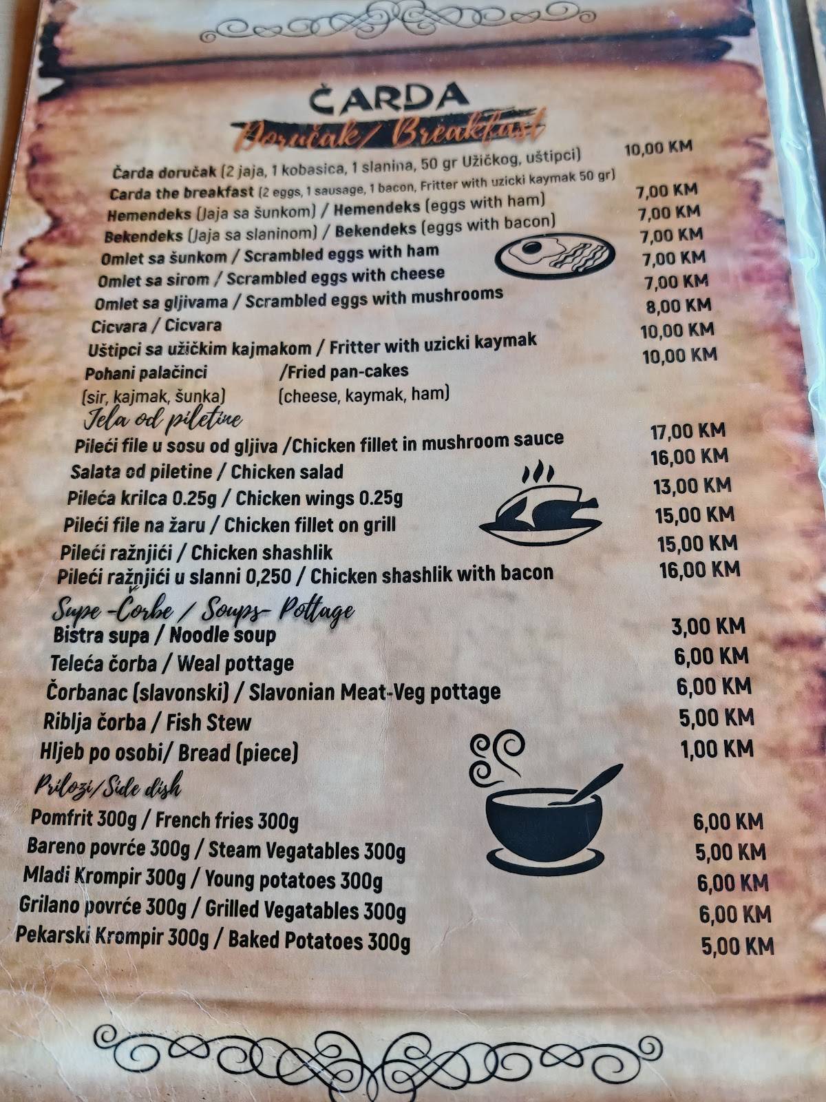 Menu at Etno restoran Čarda restaurant, Doboj