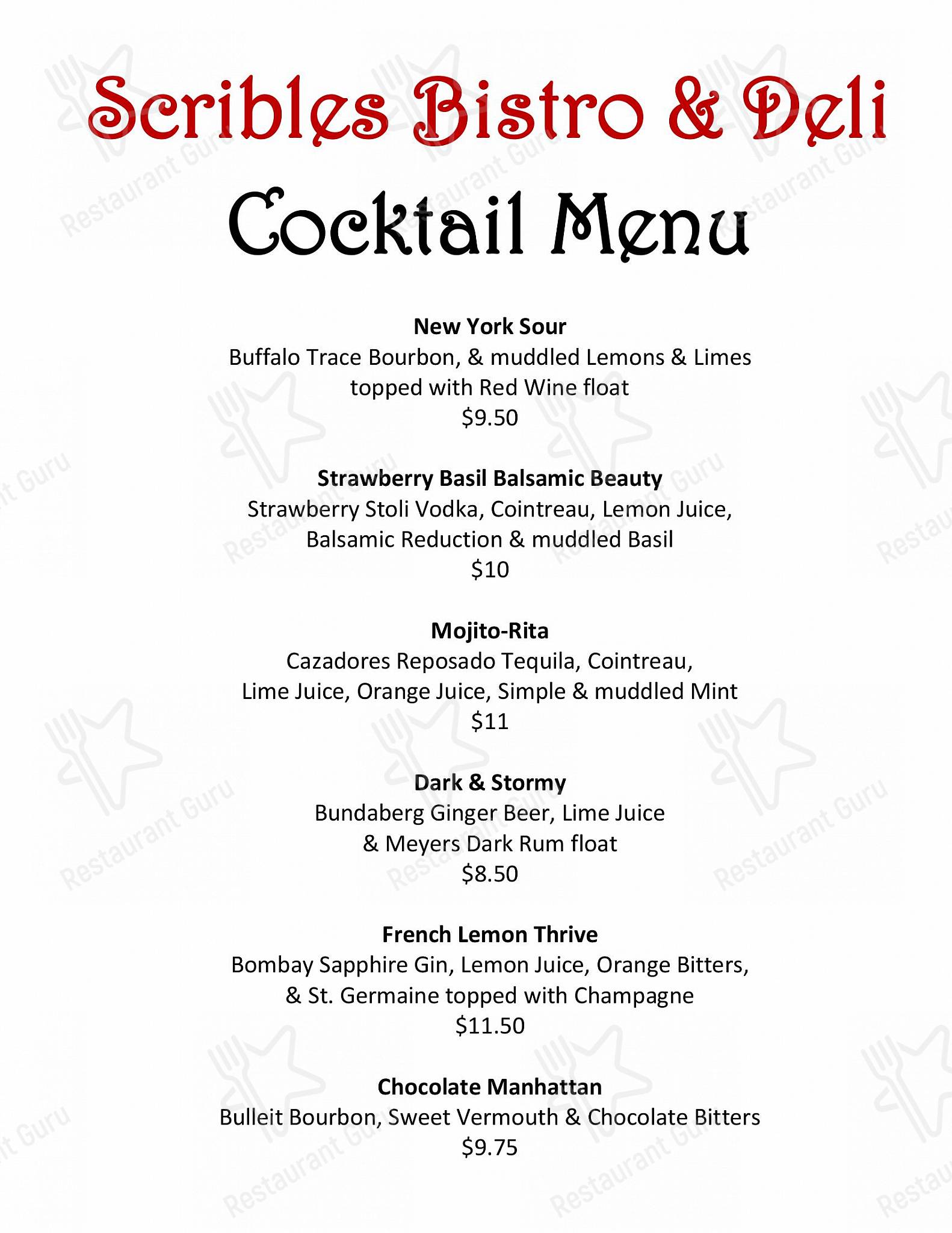 Menu at Scribles Bistro & Deli pub & bar, Eugene