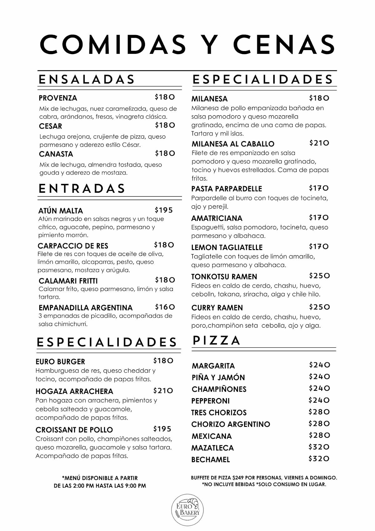 Menu at Euro Bakery, Mazatlán, Campeador 600