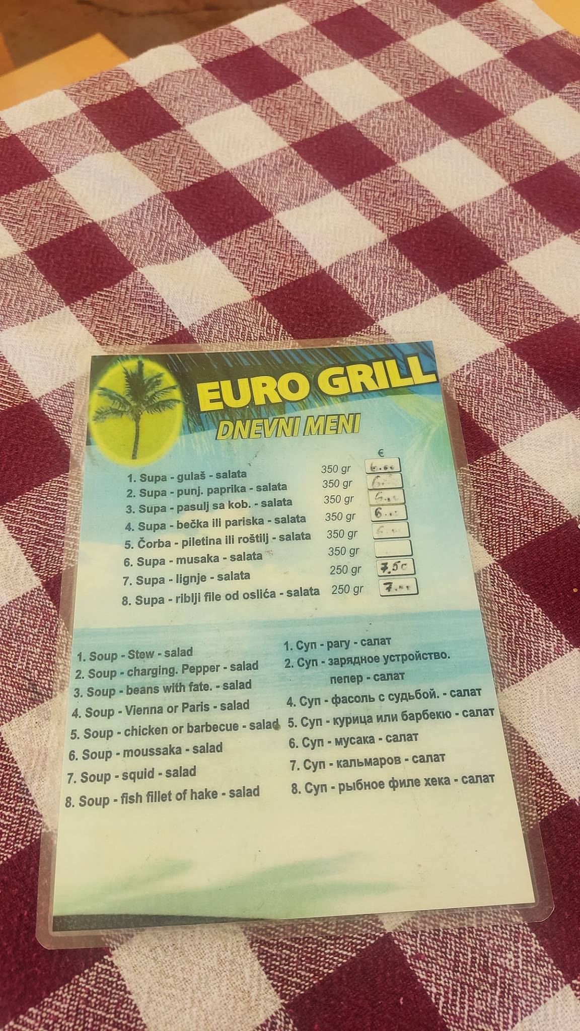 Carta del restaurante Euro Grill, Municipio del Herceg Novi