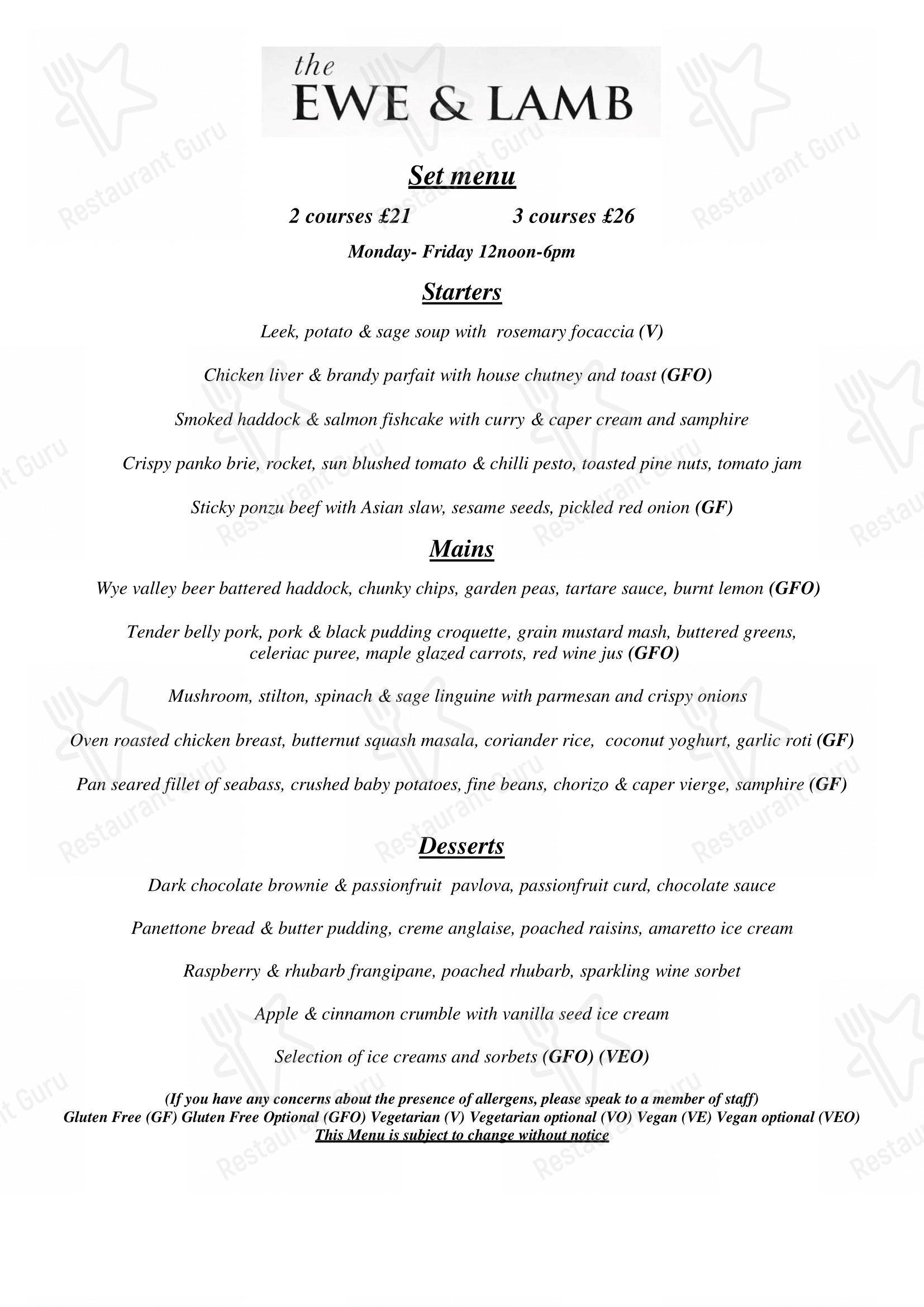 Menu at Ewe & Lamb pub & bar, Bromsgrove