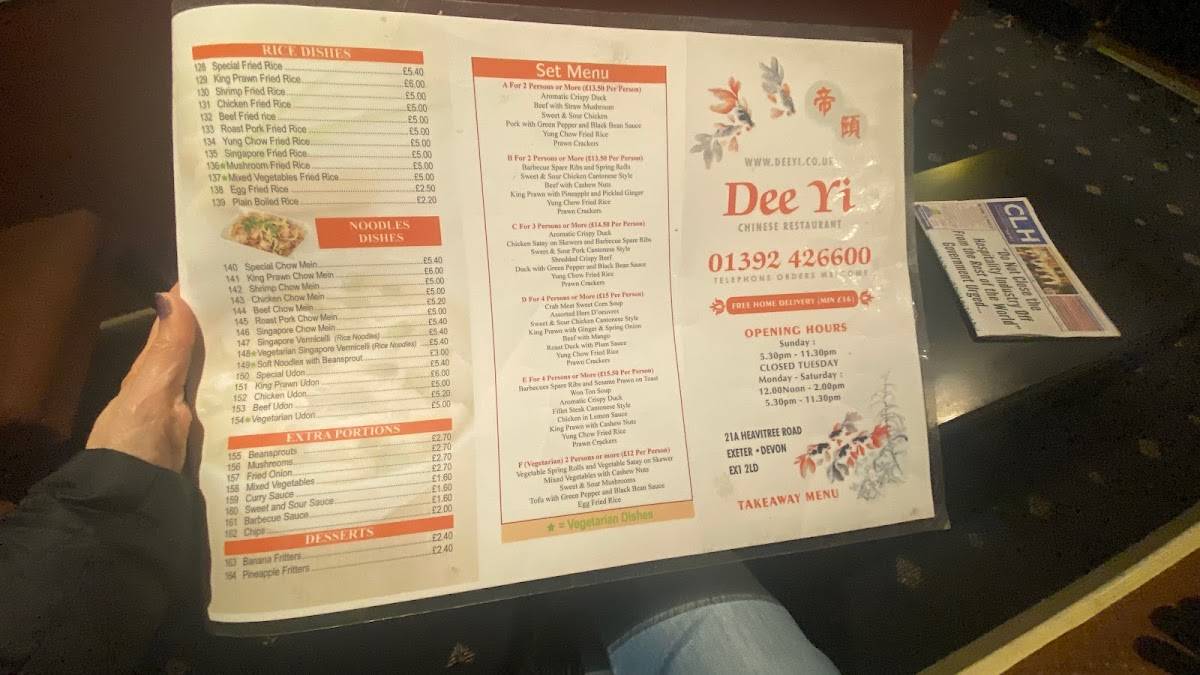 Menu at Dee Yi restaurant, Exeter