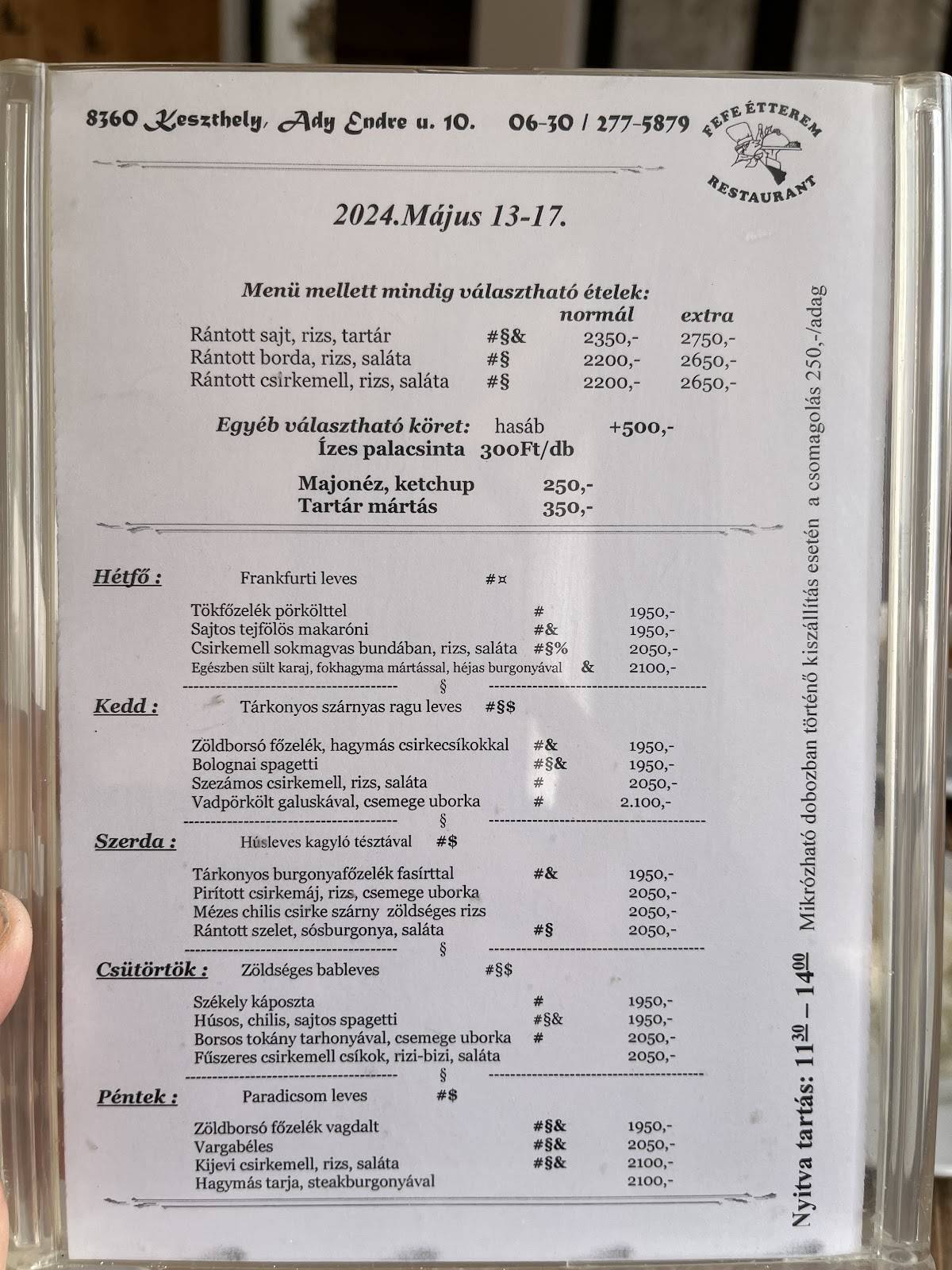 Menu at FEFE Étterem restaurant, Keszthely