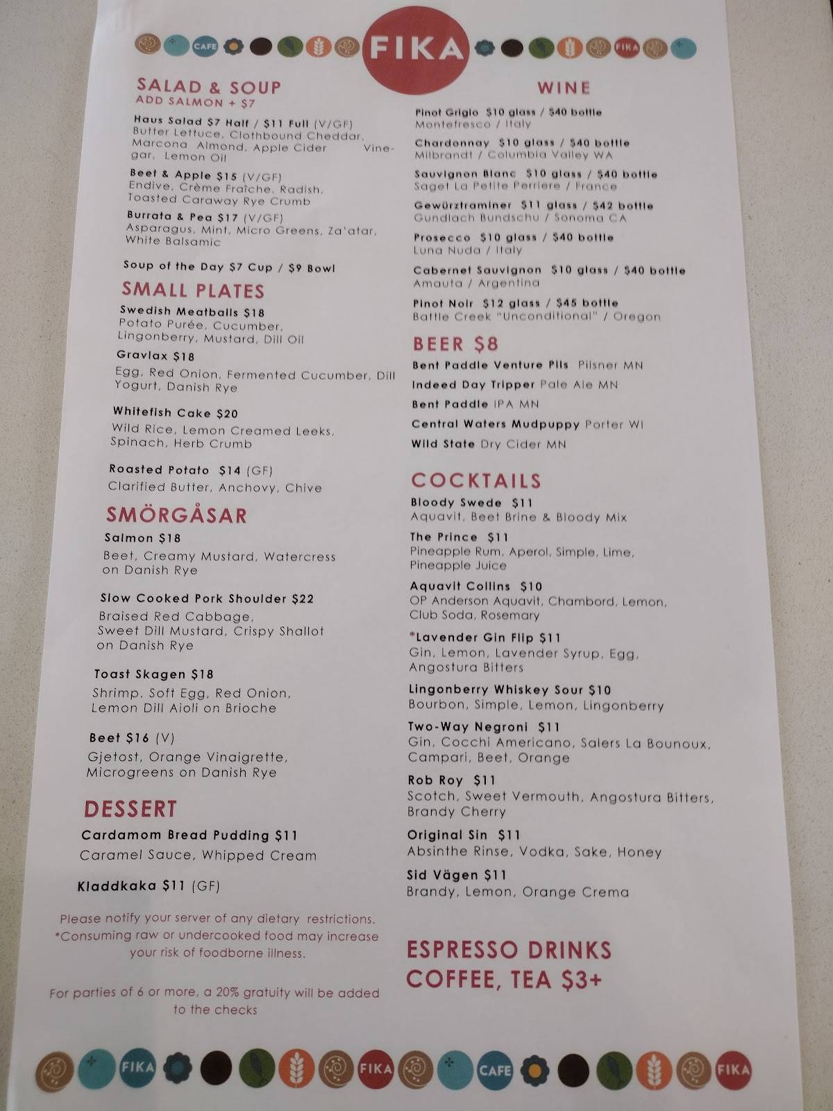 Menu at FIKA Café cafe, Minneapolis