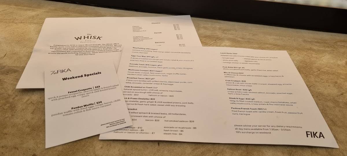 Menu at FIKA restaurant, Brisbane City