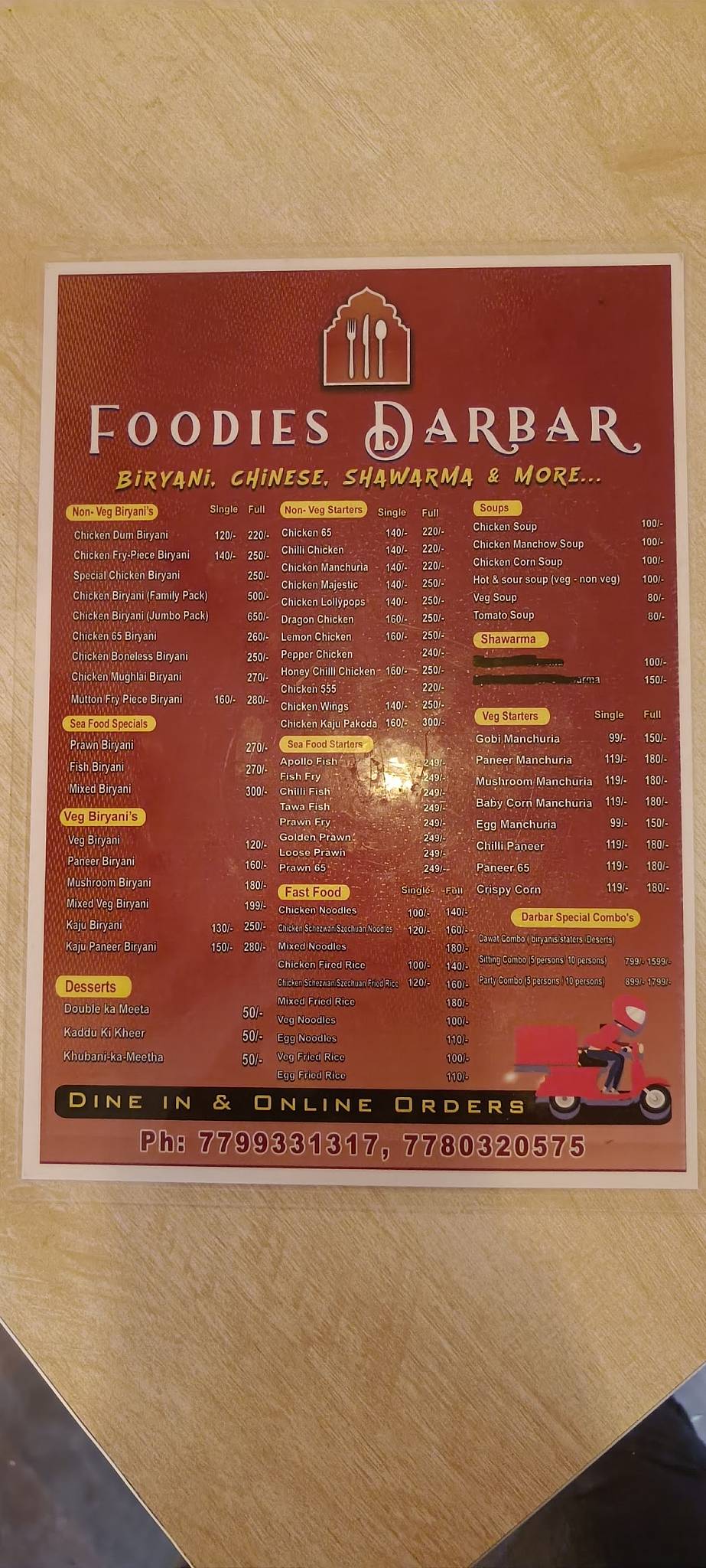 Menu at FOODIES DARBAR, Hyderabad