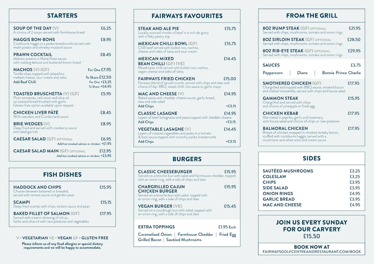 Menu at Fairways Golf Centre & Restaurant, Inverness, Fairways Business ...
