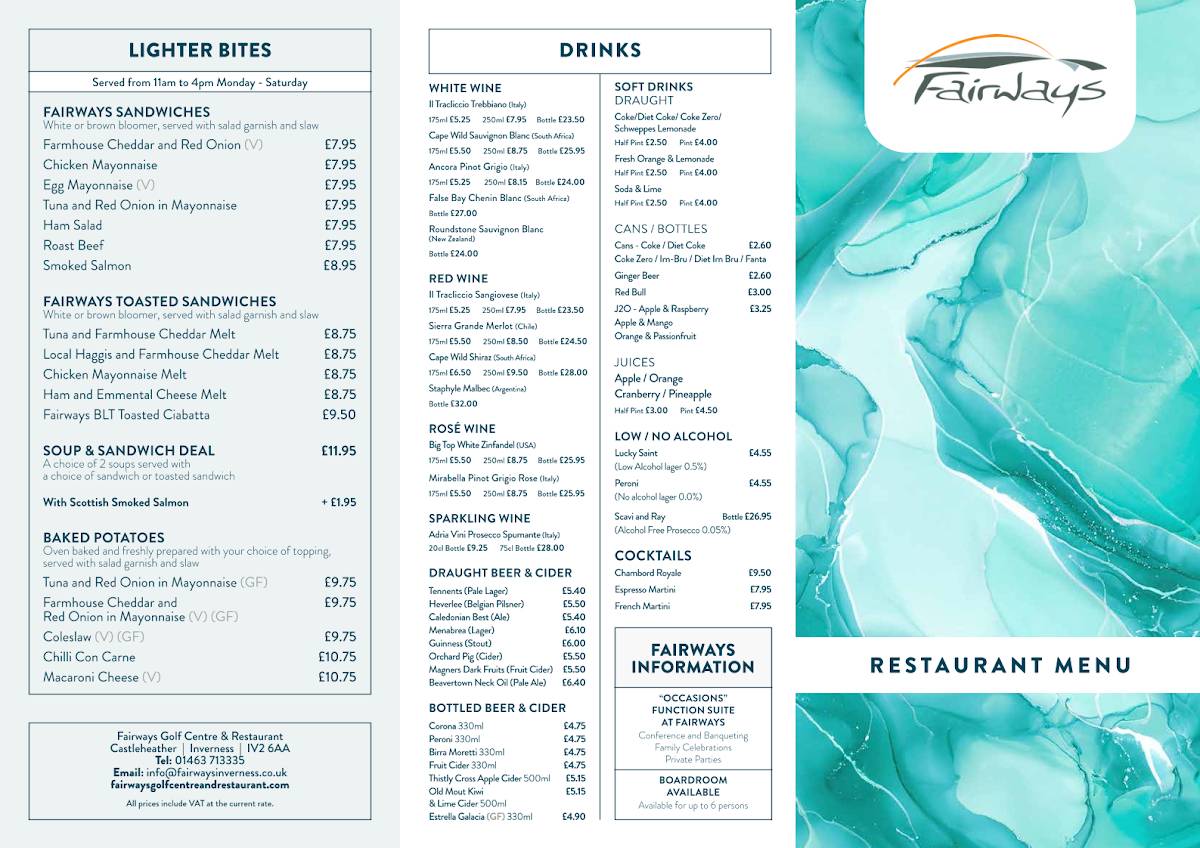 Menu at Fairways Golf Centre & Restaurant, Inverness, Fairways Business ...