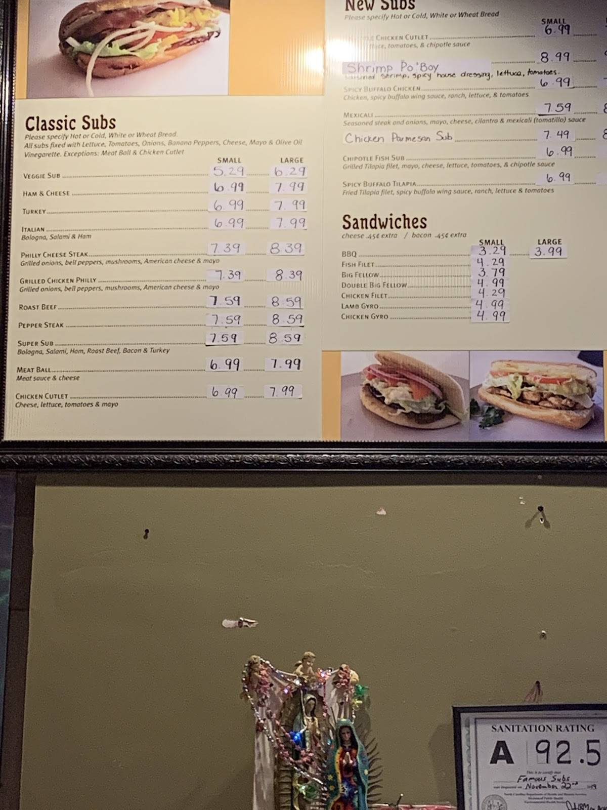 Menu at Famous Subs pizzeria, Edenton