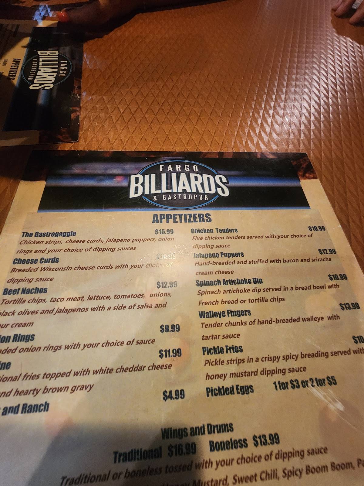 Menu at Fargo Billiards and Gastropub, Fargo