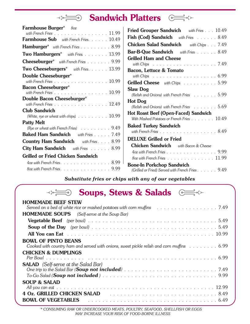 Menu at Farmhouse Restaurant, Lake Park