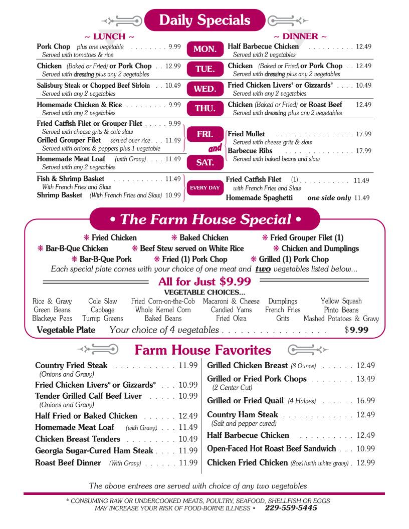 Menu at Farmhouse Restaurant, Lake Park