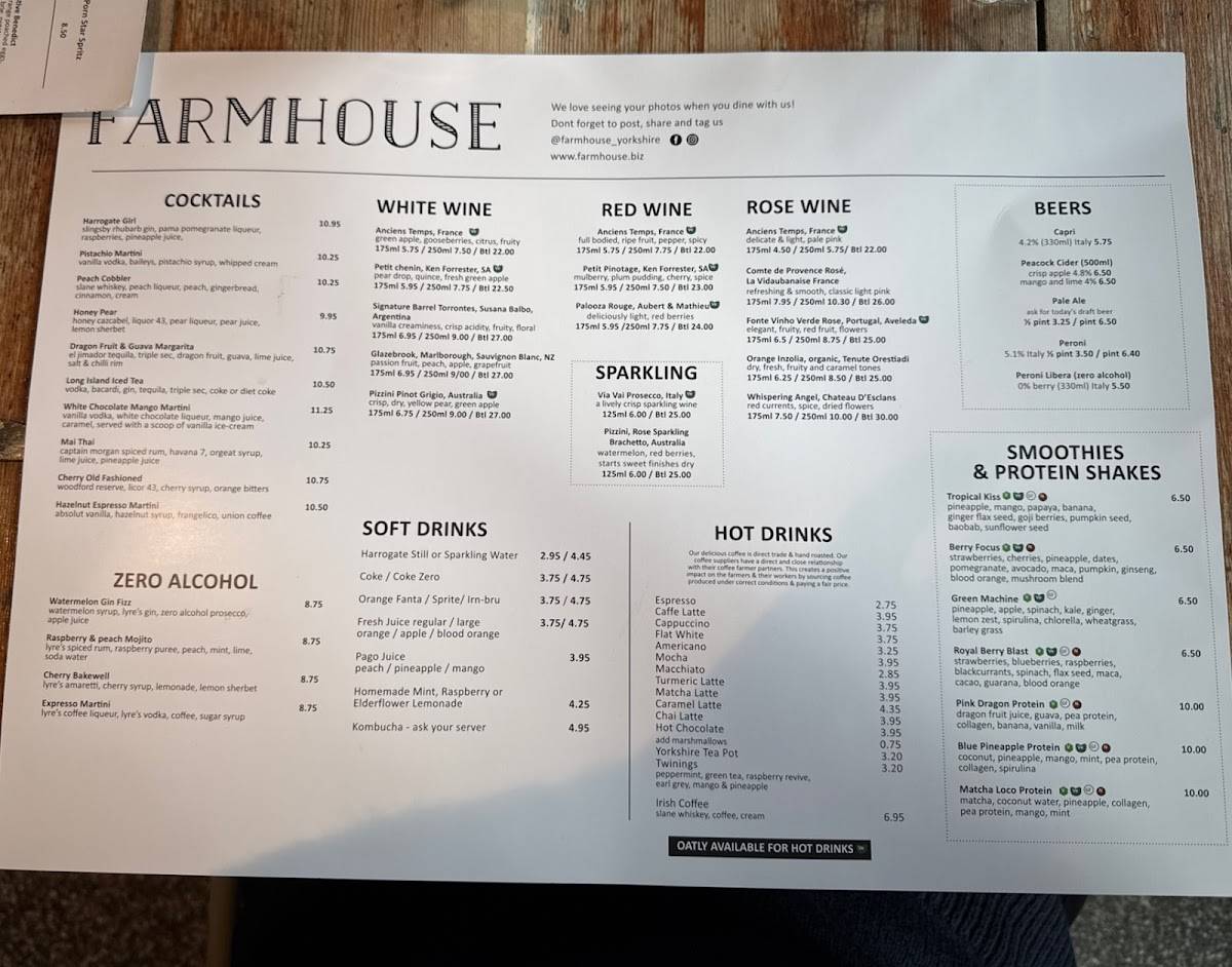 Menu at Farmhouse restaurant, Harrogate