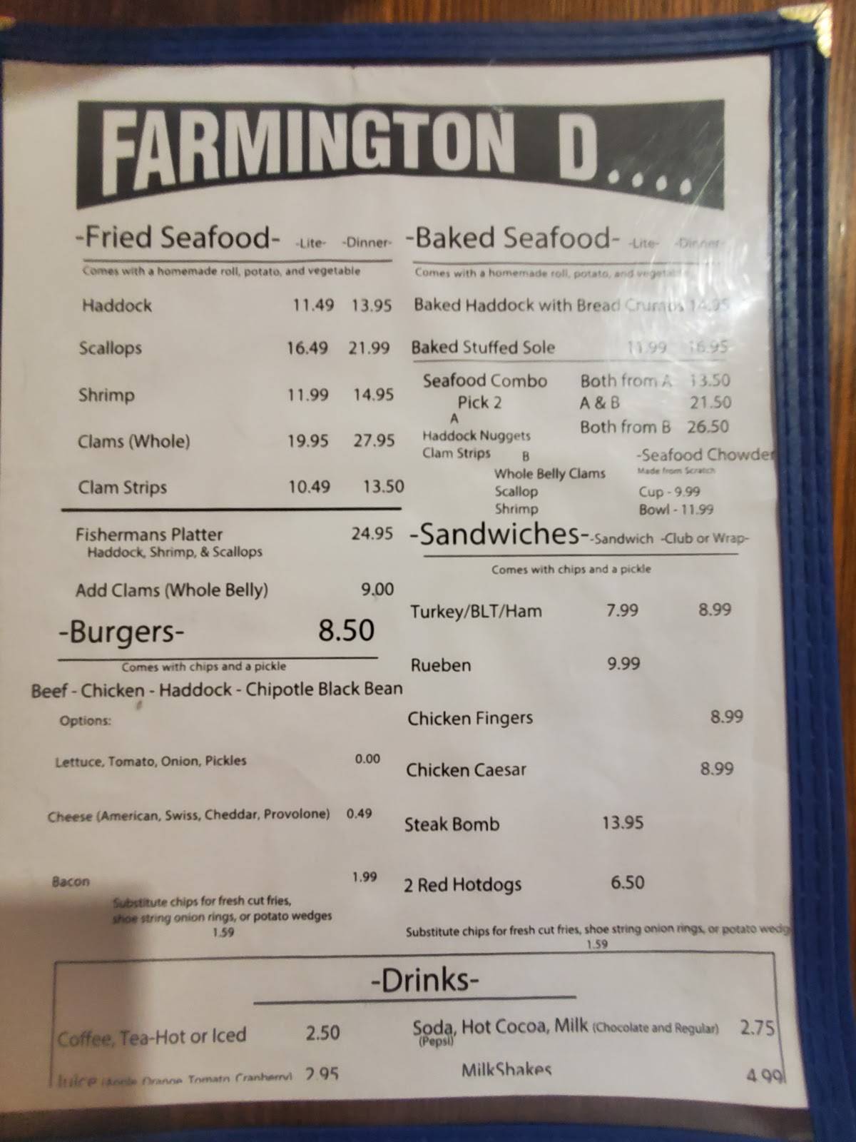 Menu at Farmington Diner restaurant, Farmington