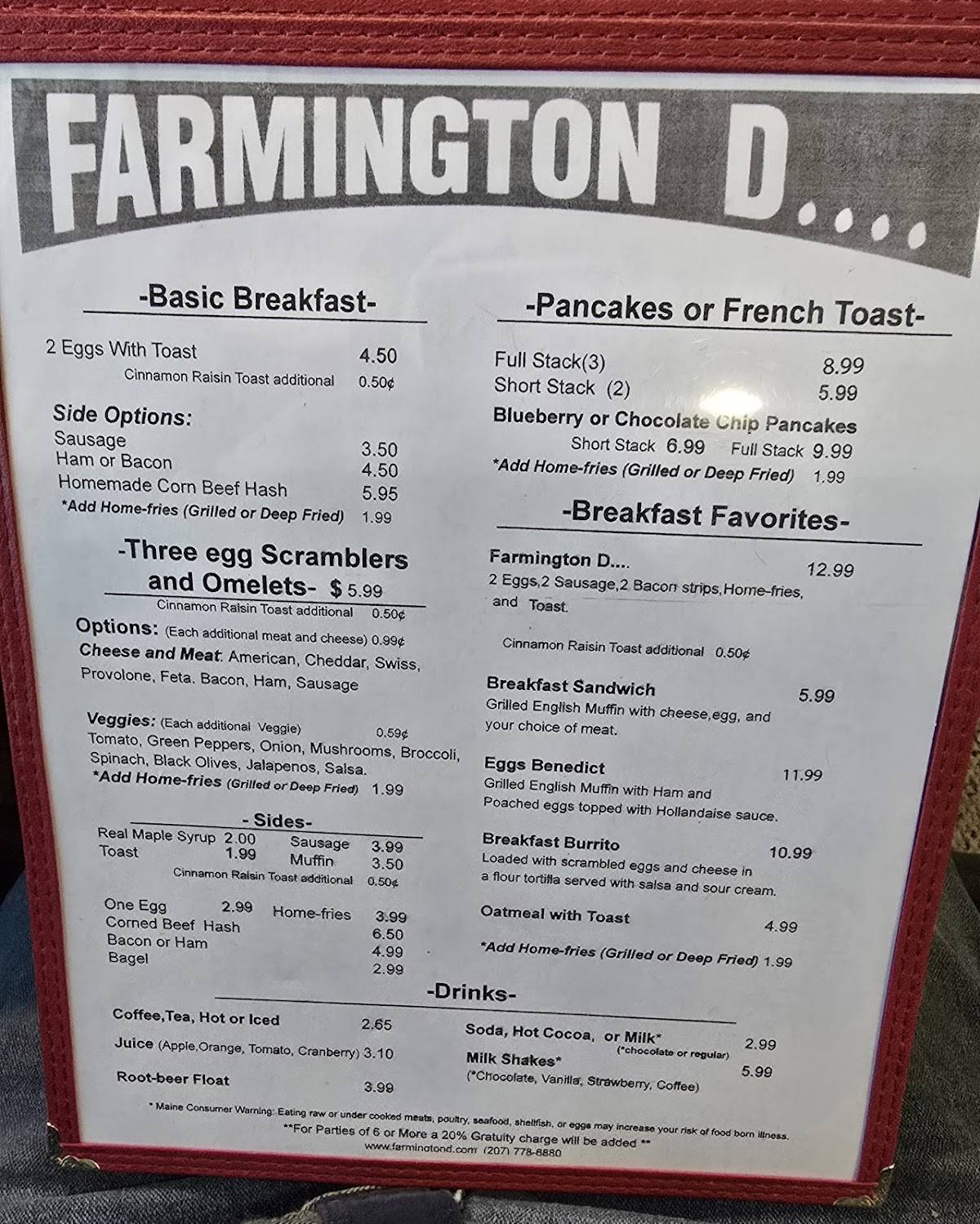 Menu at Farmington Diner restaurant, Farmington