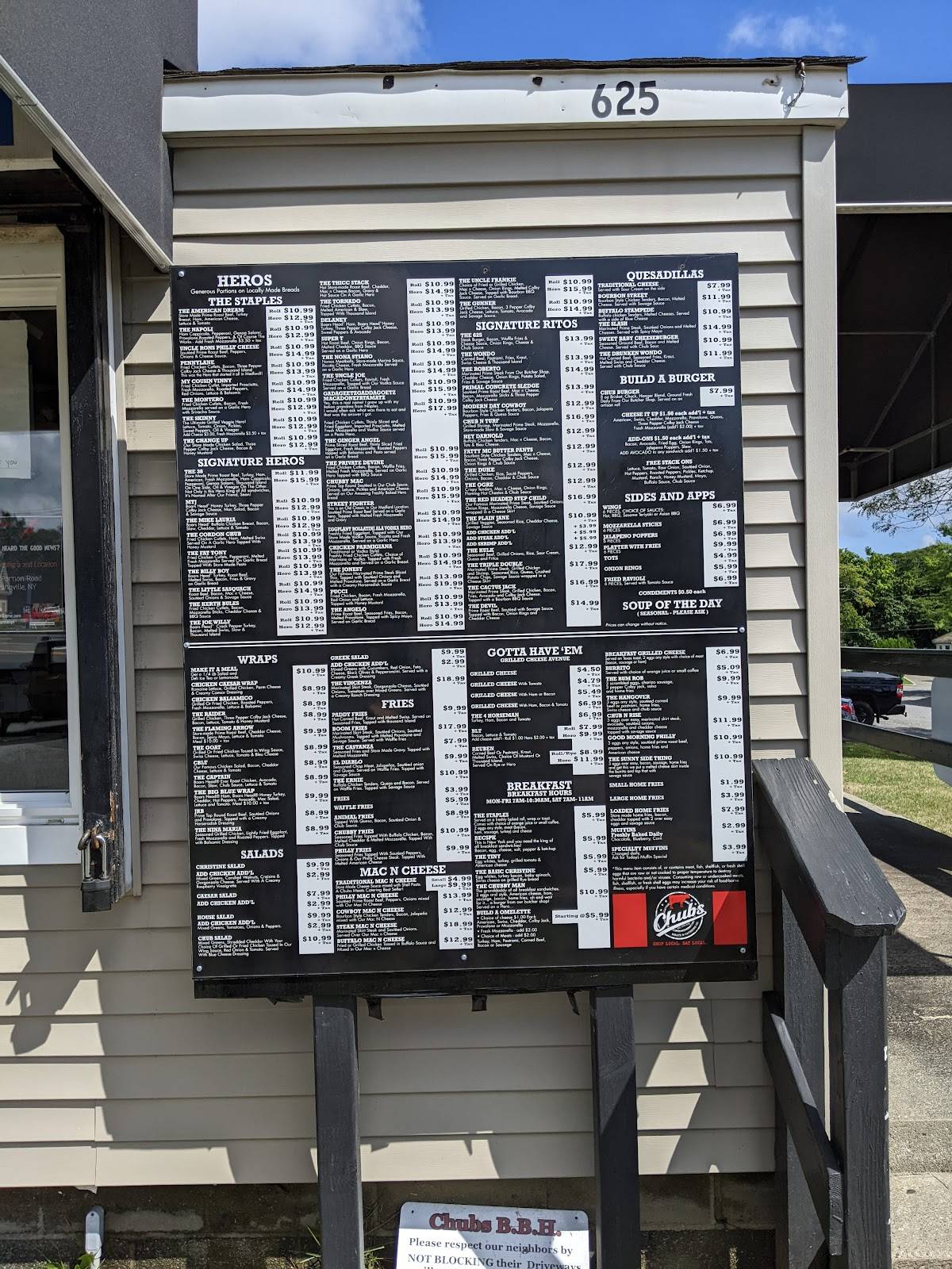 Menu at Chubs Burgers Burritos and Heroes restaurant, Farmingville