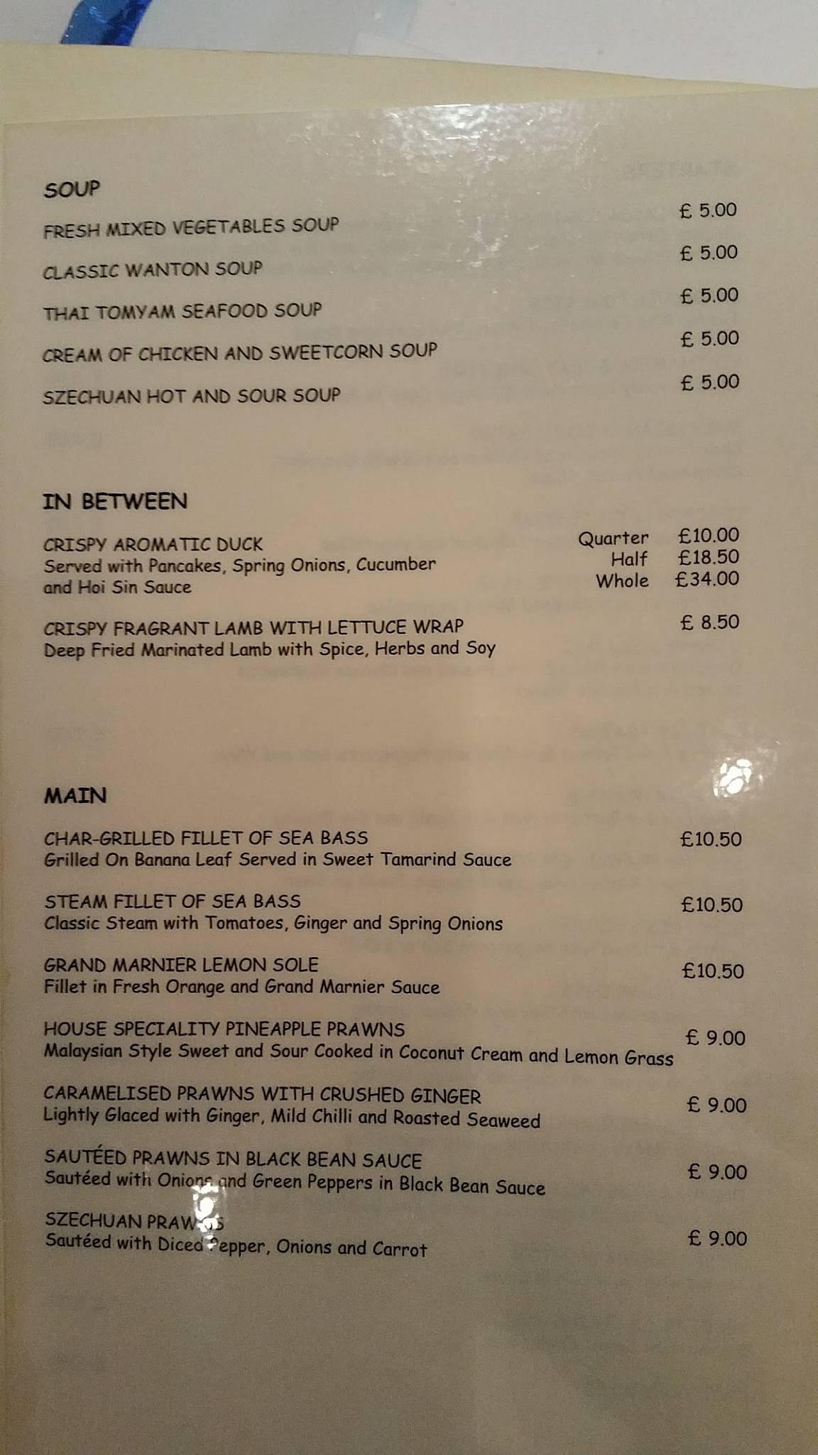 Menu at Malacca restaurant, Farnborough