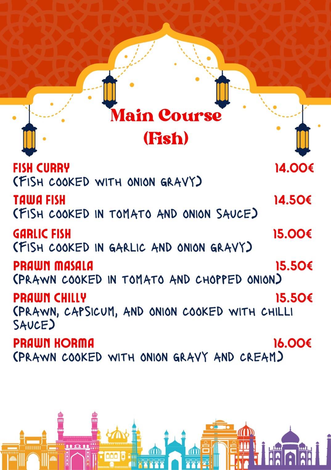 Menu at Spicy India restaurant, Faro