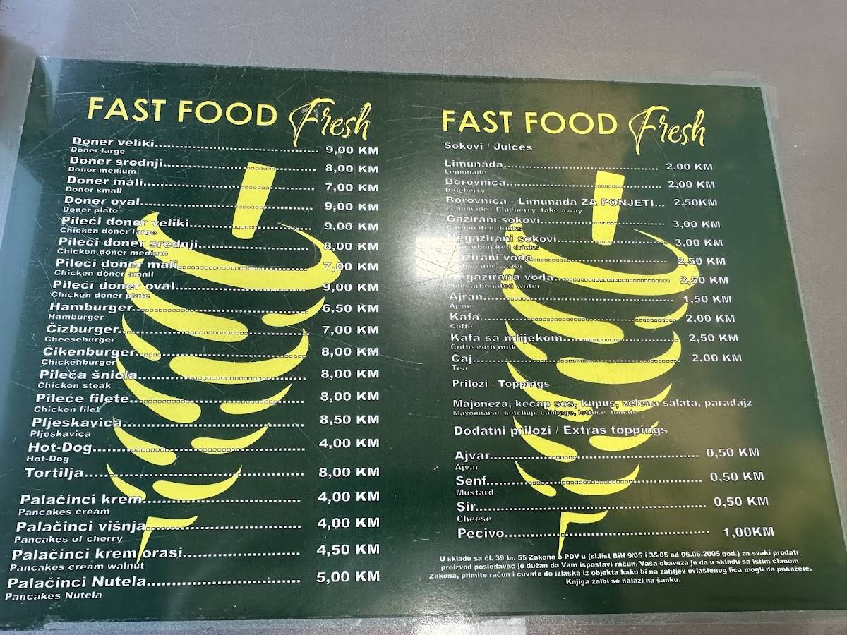 Menu at Fast Food Fresh, Sarajevo, Ustanička 13