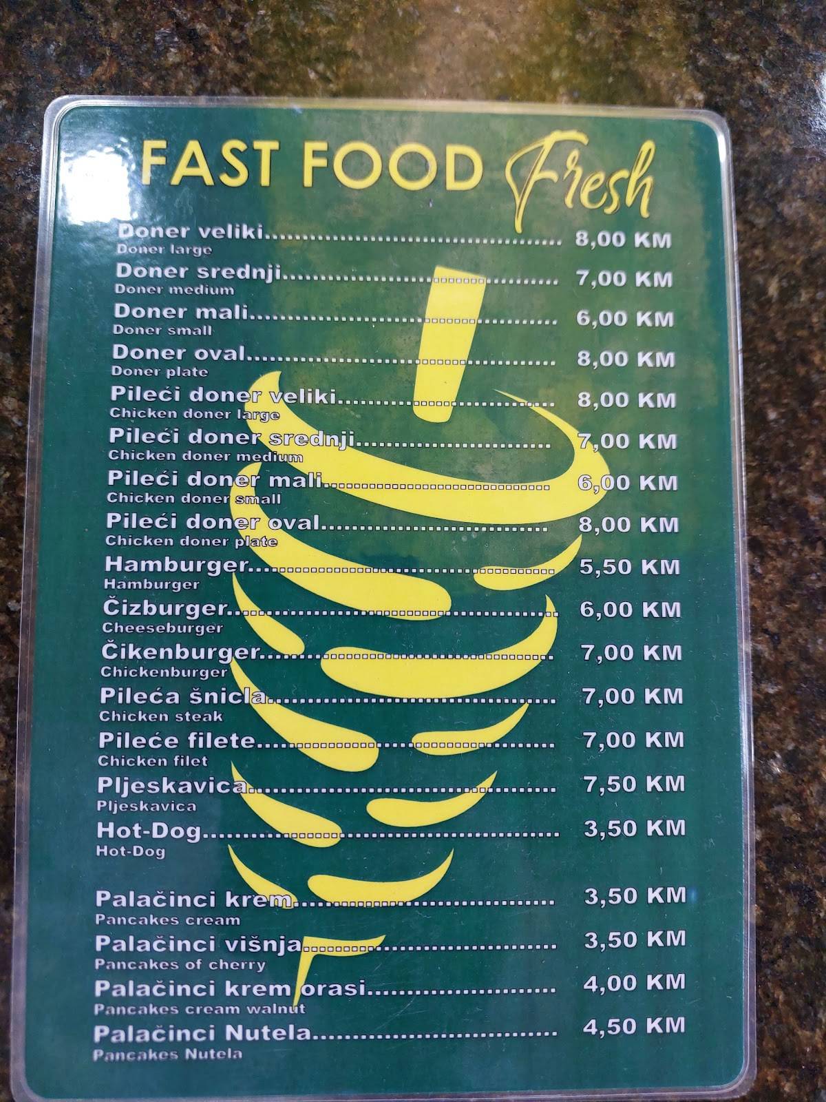 Menu at Fast Food Fresh, Sarajevo, Ustanička 13