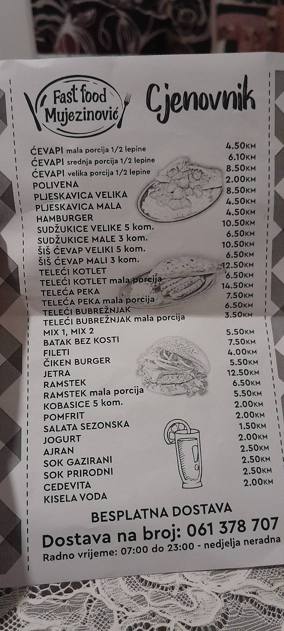 Menu at Fast Food Mujezinović, Zenica