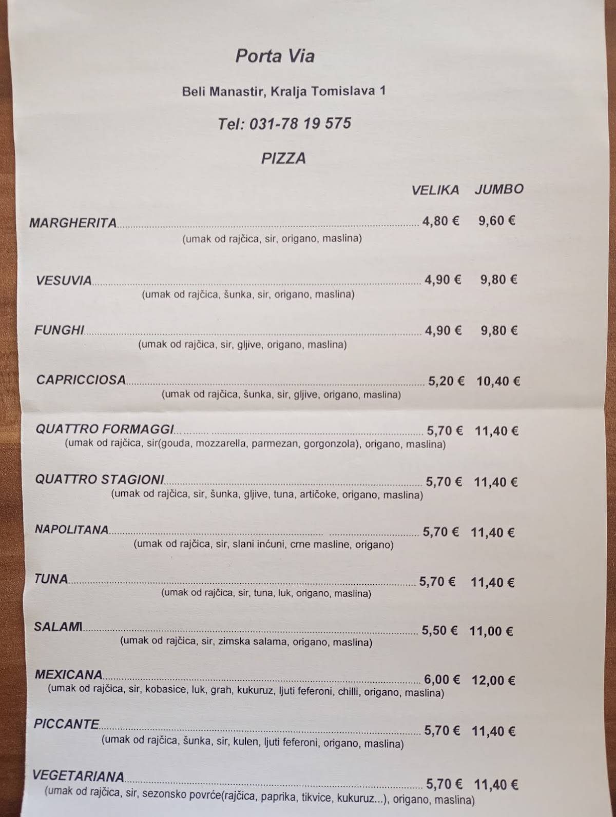 Menu at Fast Food Porta Via, Beli Manastir