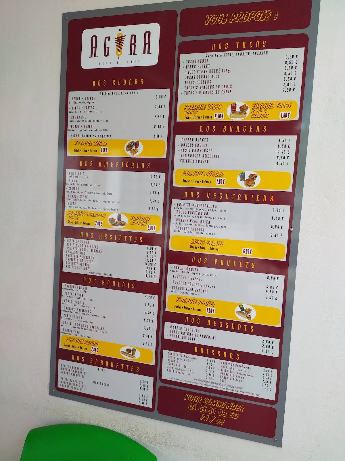 Menu au Agora Cahors fast food, Cahors