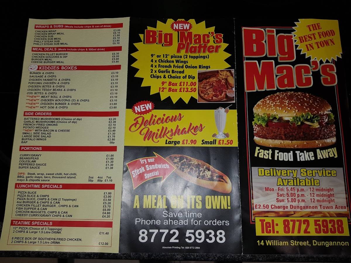 Menu at Big Mac's fast food, Dungannon