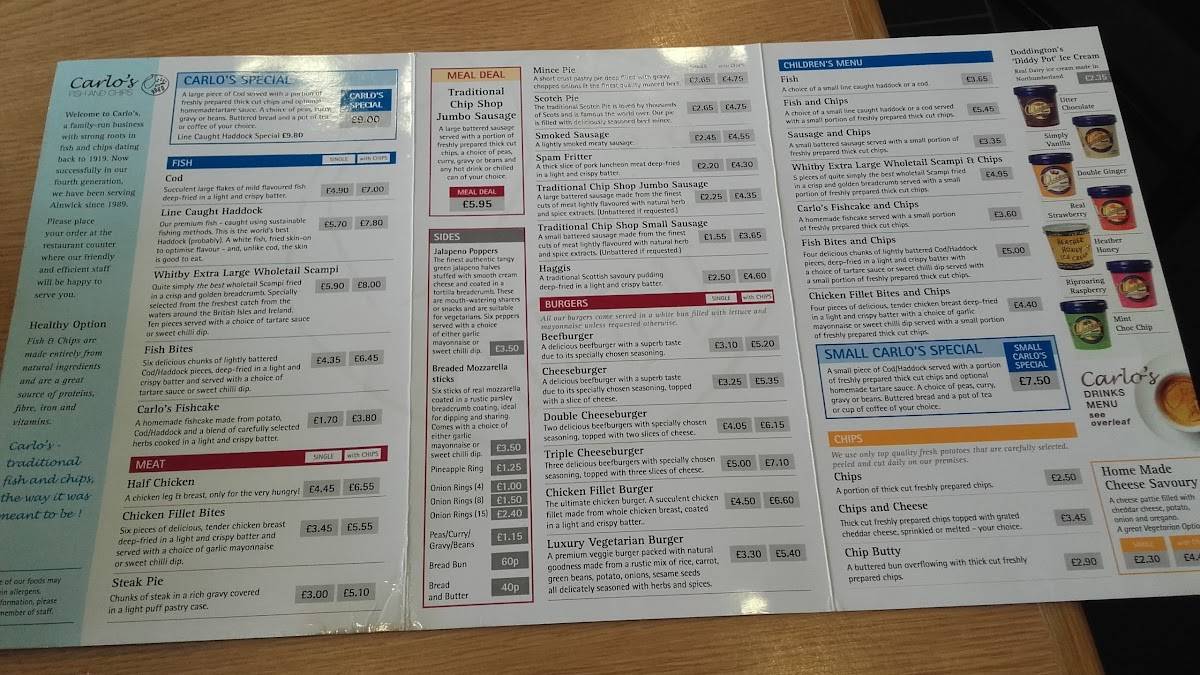 Menu at Carlo's restaurant, Alnwick
