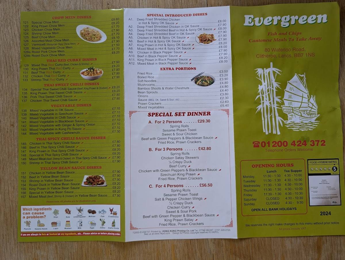 Menu at Evergreen fast food, Clitheroe