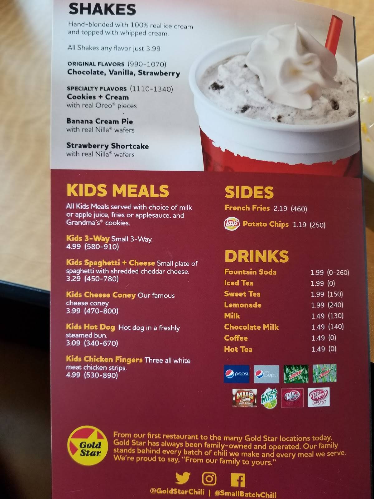 Menu at Gold Star fast food, Cincinnati, Glendale Milford Rd