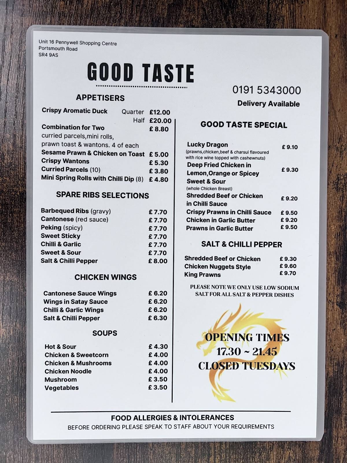 Menu at Good Taste Chinese Takeaway fast food, Sunderland