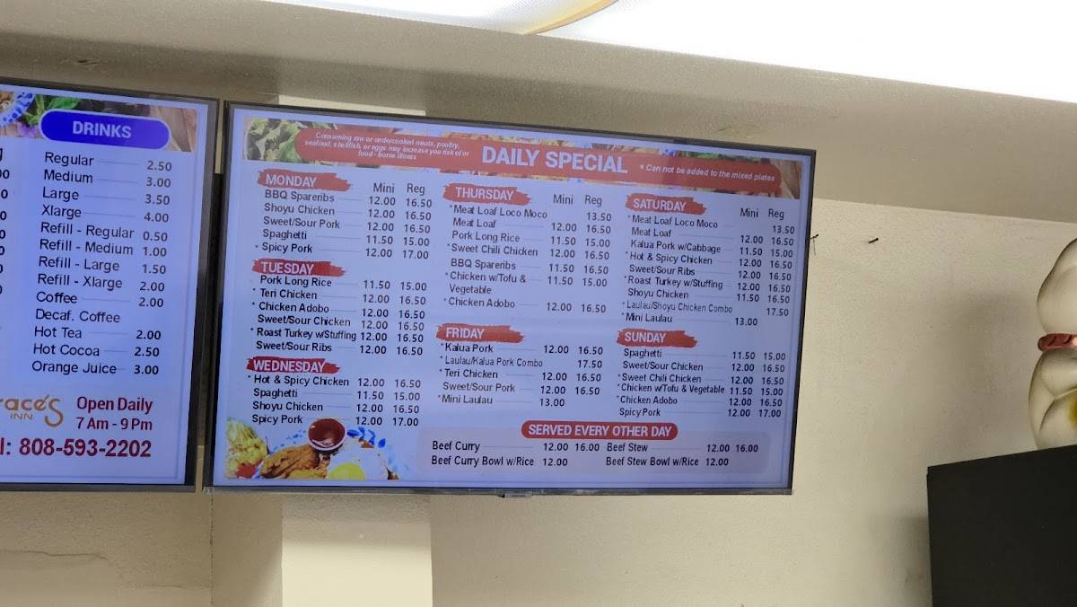 Menu at Grace's Inn fast food, Honolulu, S Beretania St. # 101
