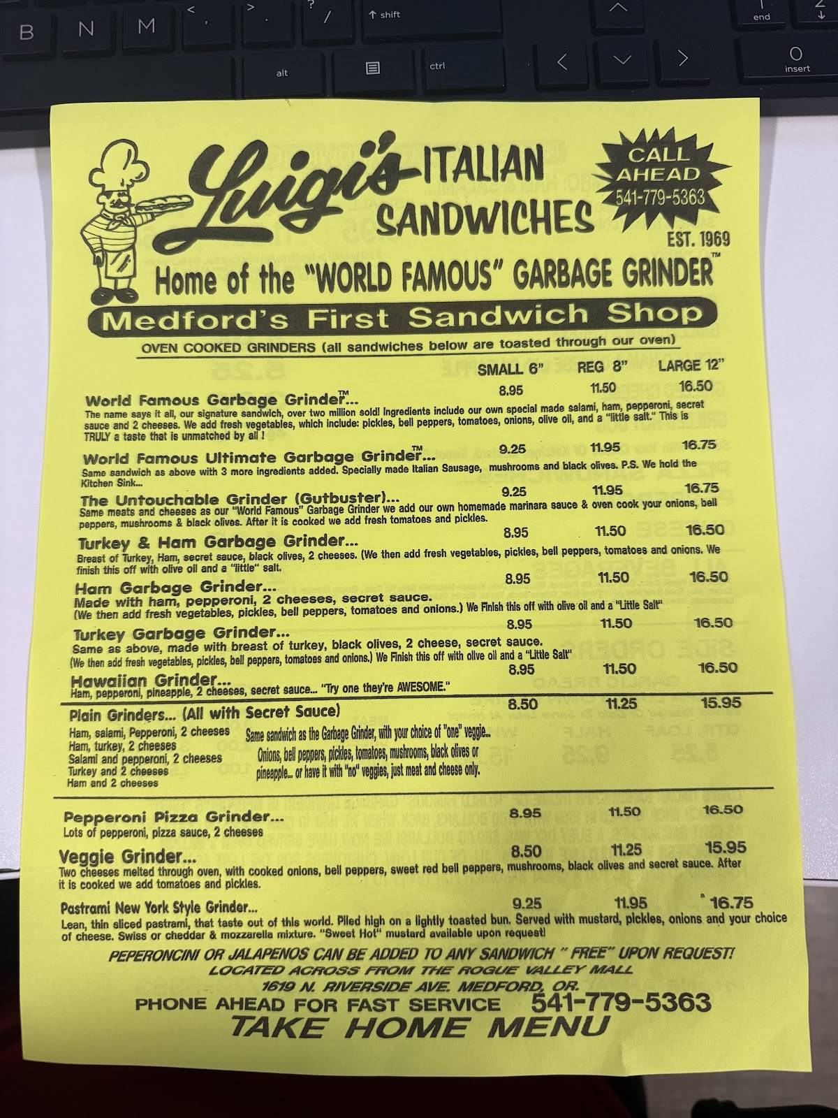 Menu at Luigi's Italian Sandwiches fast food, Medford