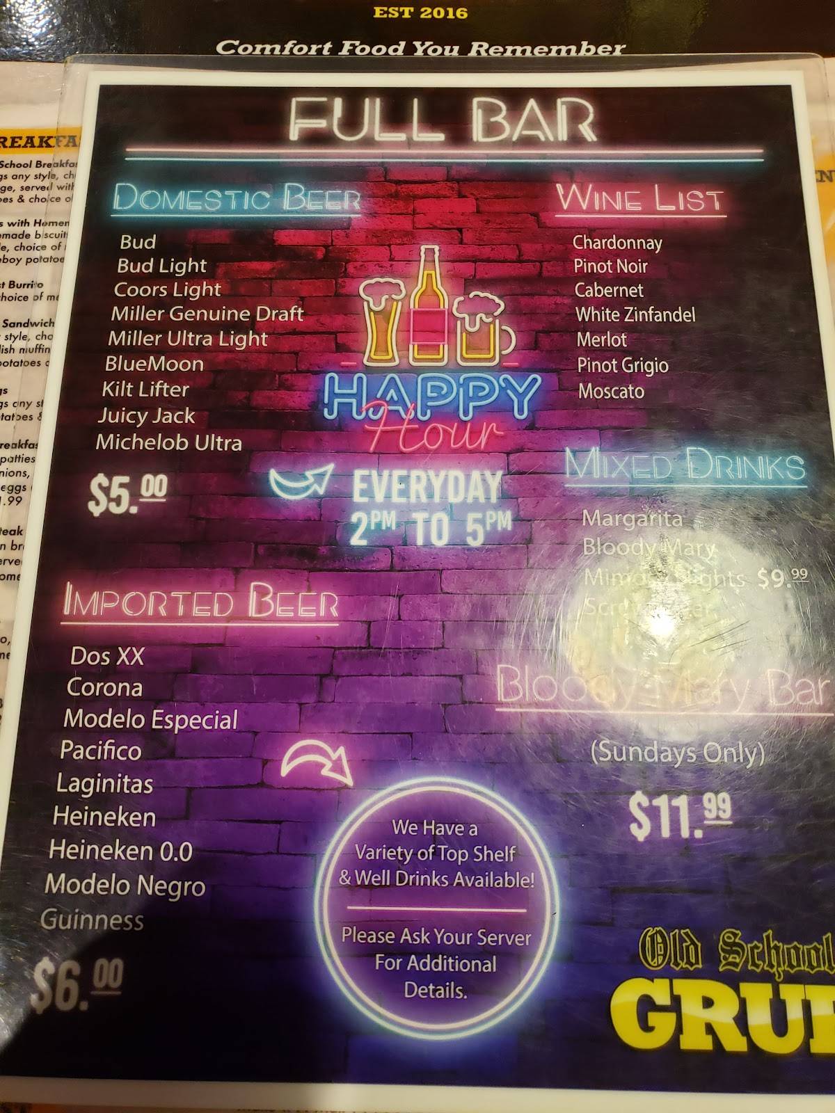 Menu at Old School Grub/ OSG Cafe, Mesa, E Main St