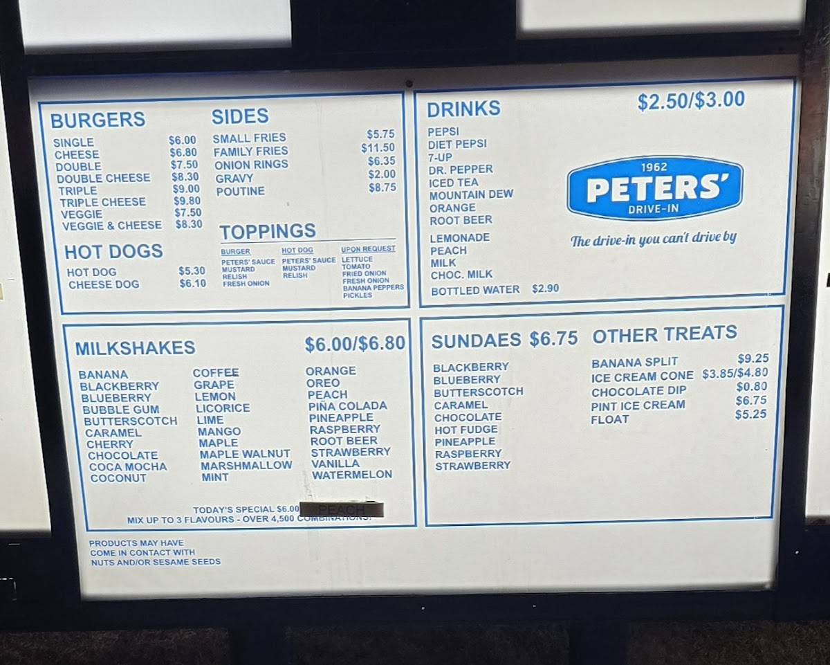 Menu at Peters' Drive-In fast food, Calgary