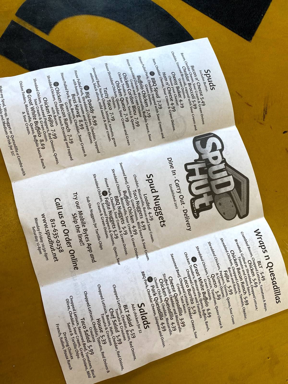 Menu at Spud Hut fast food, Princeton