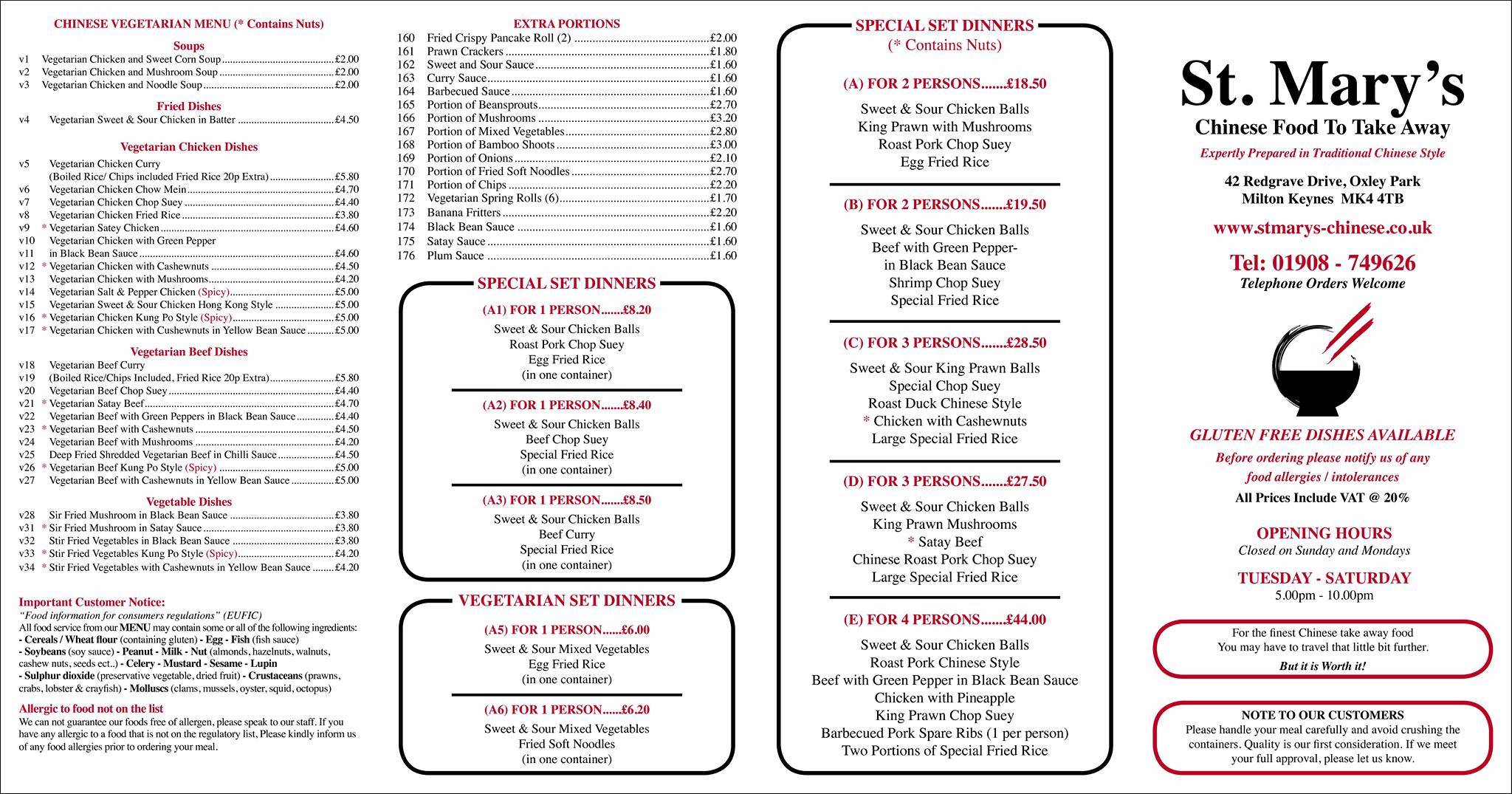 Menu at St. Mary's Chinese fast food, Milton Keynes