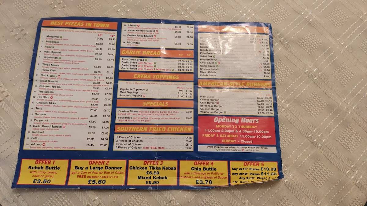 Menu at The Golden Fry fast food, Stanley