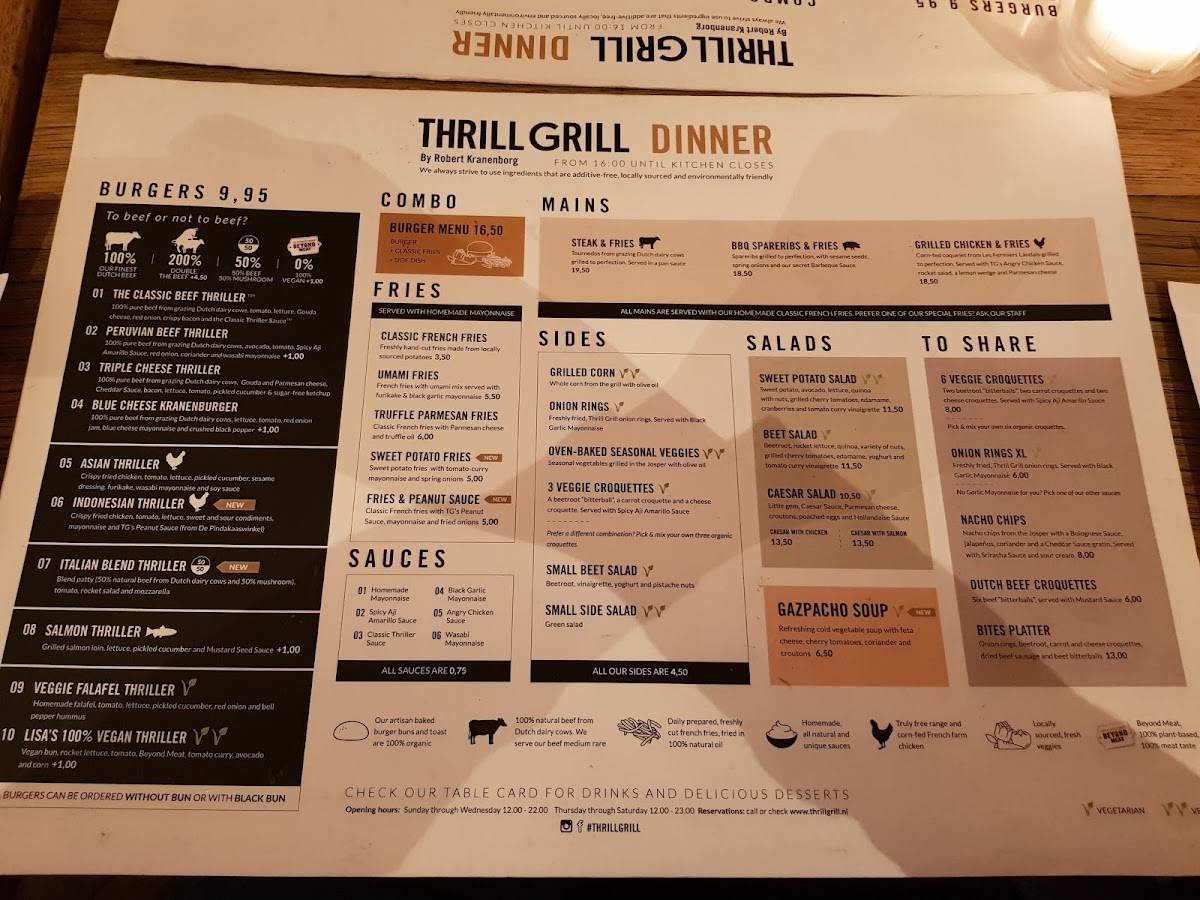 Menu at Thrill Grill, Amsterdam, 1e