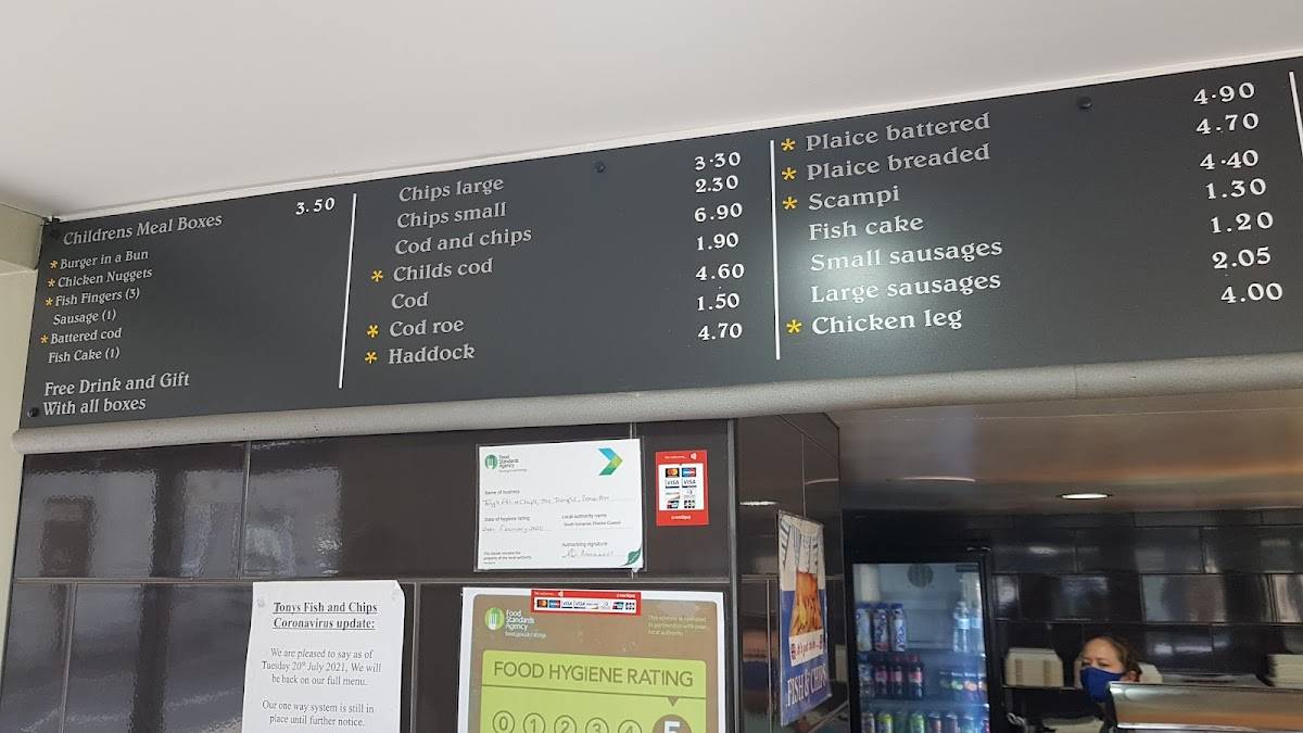 Menu at Tony's Fish & Chips fast food, Somerton
