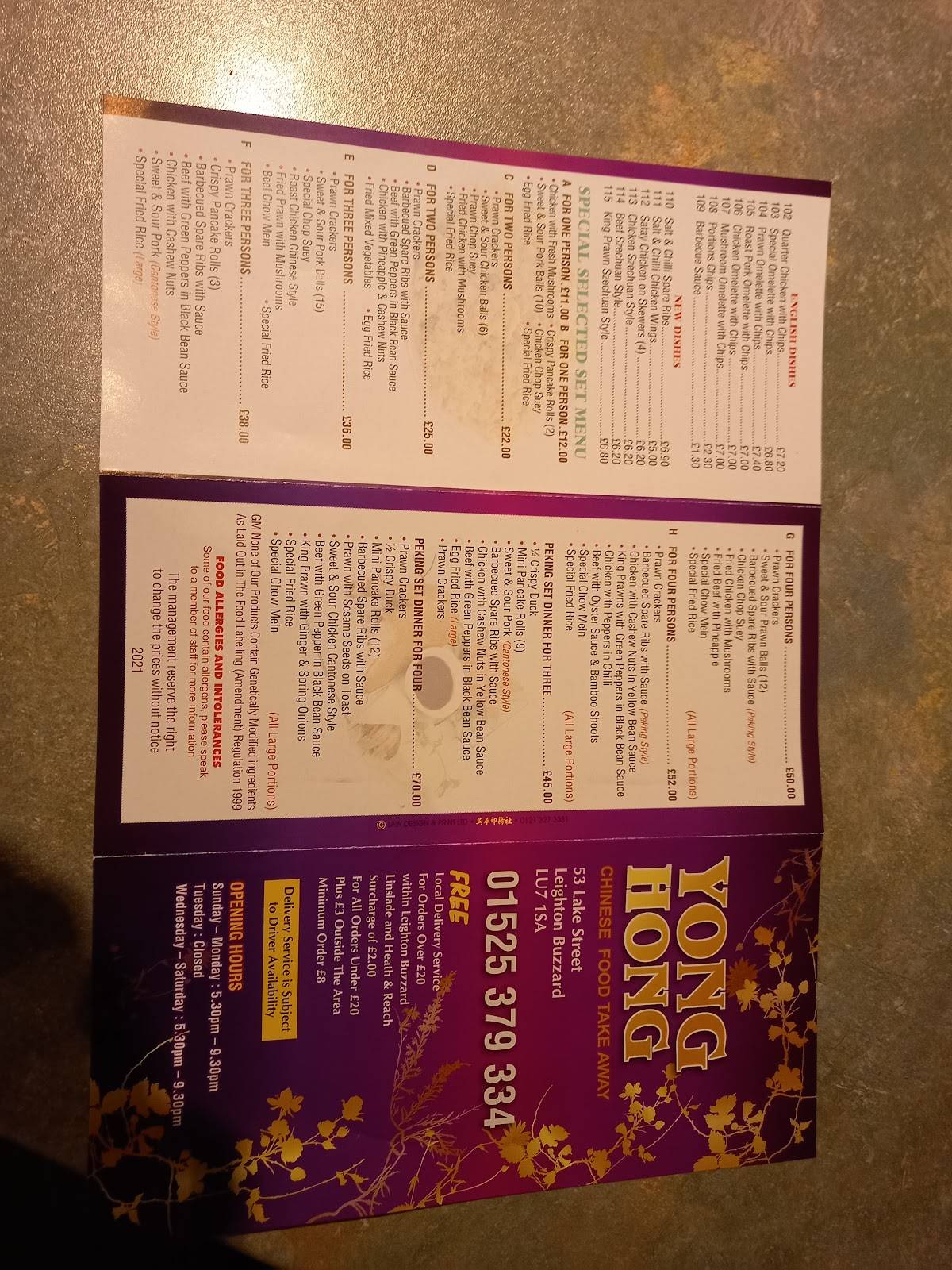 Menu at Yong Hong fast food, Leighton Buzzard