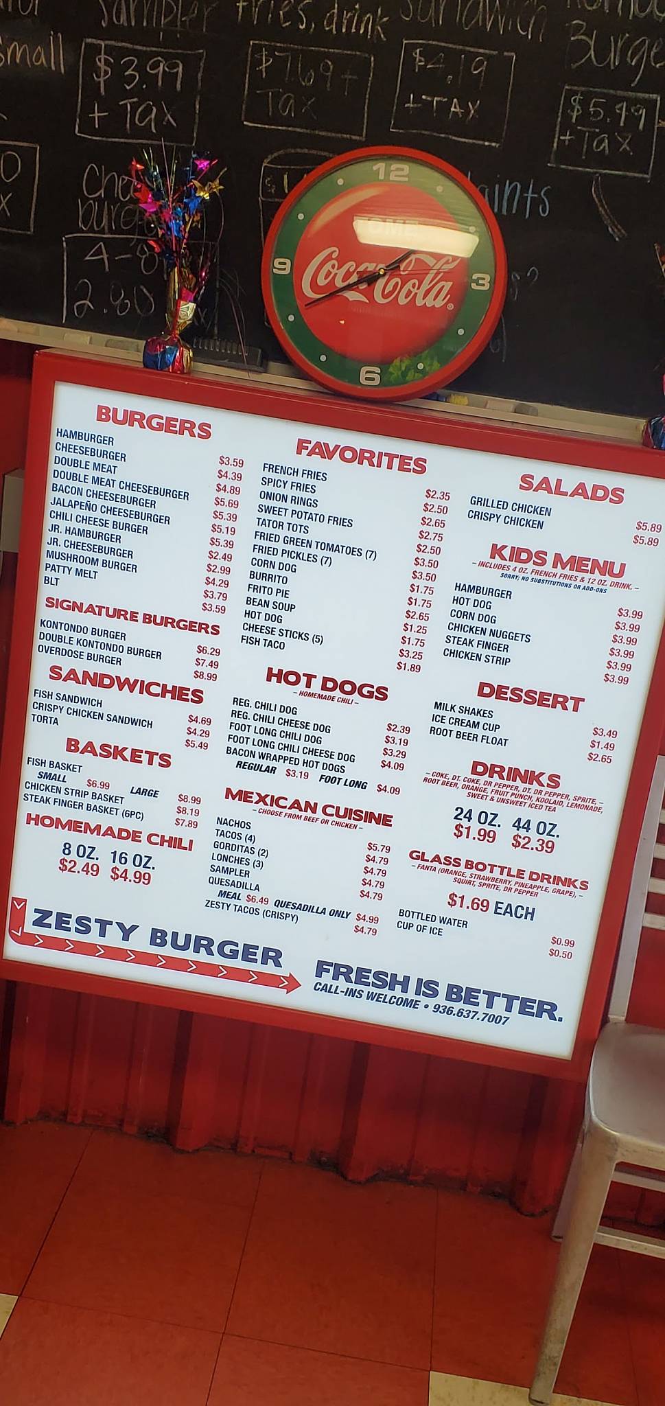 Menu at Zesty Burger fast food, Lufkin