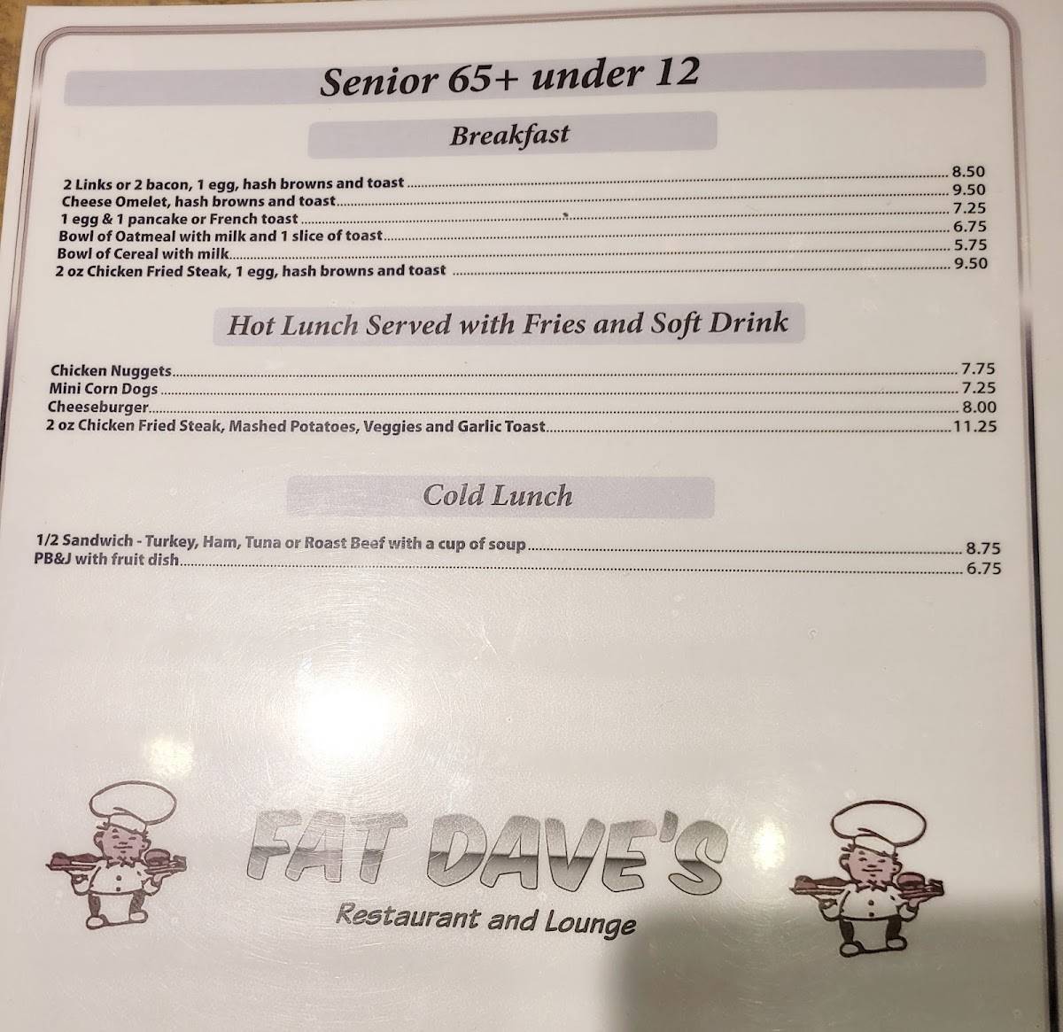 Menu at Fat Daves restaurant, Vancouver