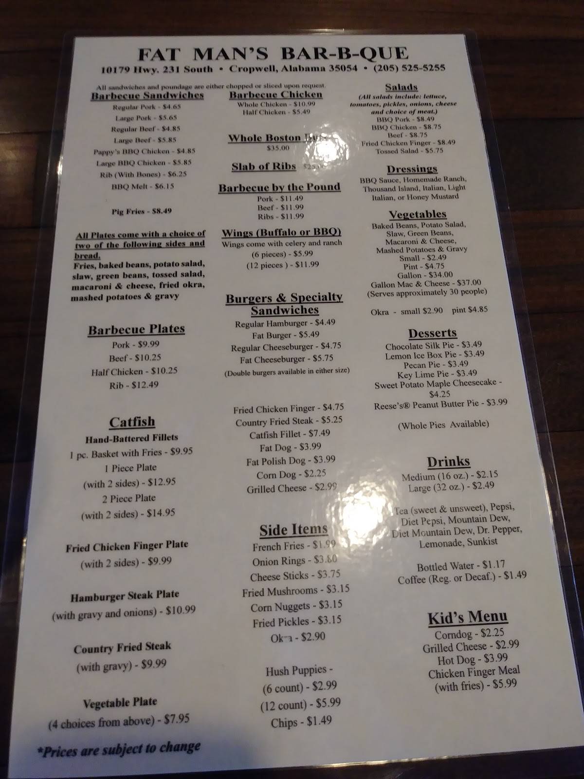 Menu at Fat Man's Bar B Que, Pell City, Old US Hwy 231