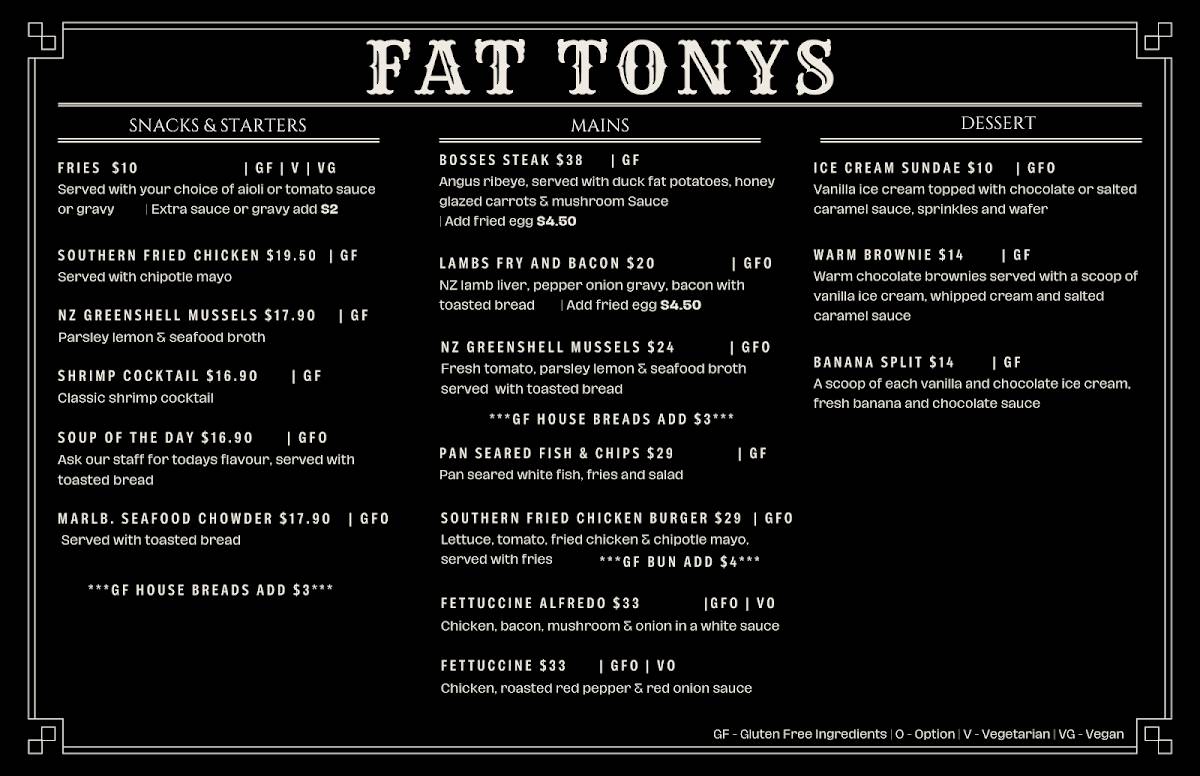 Menu at Fat Tonys cafe, Blenheim