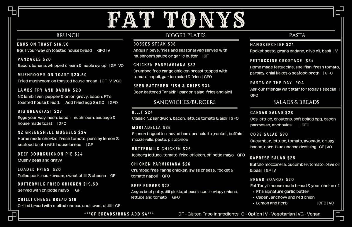 Menu at Fat Tonys cafe, Blenheim